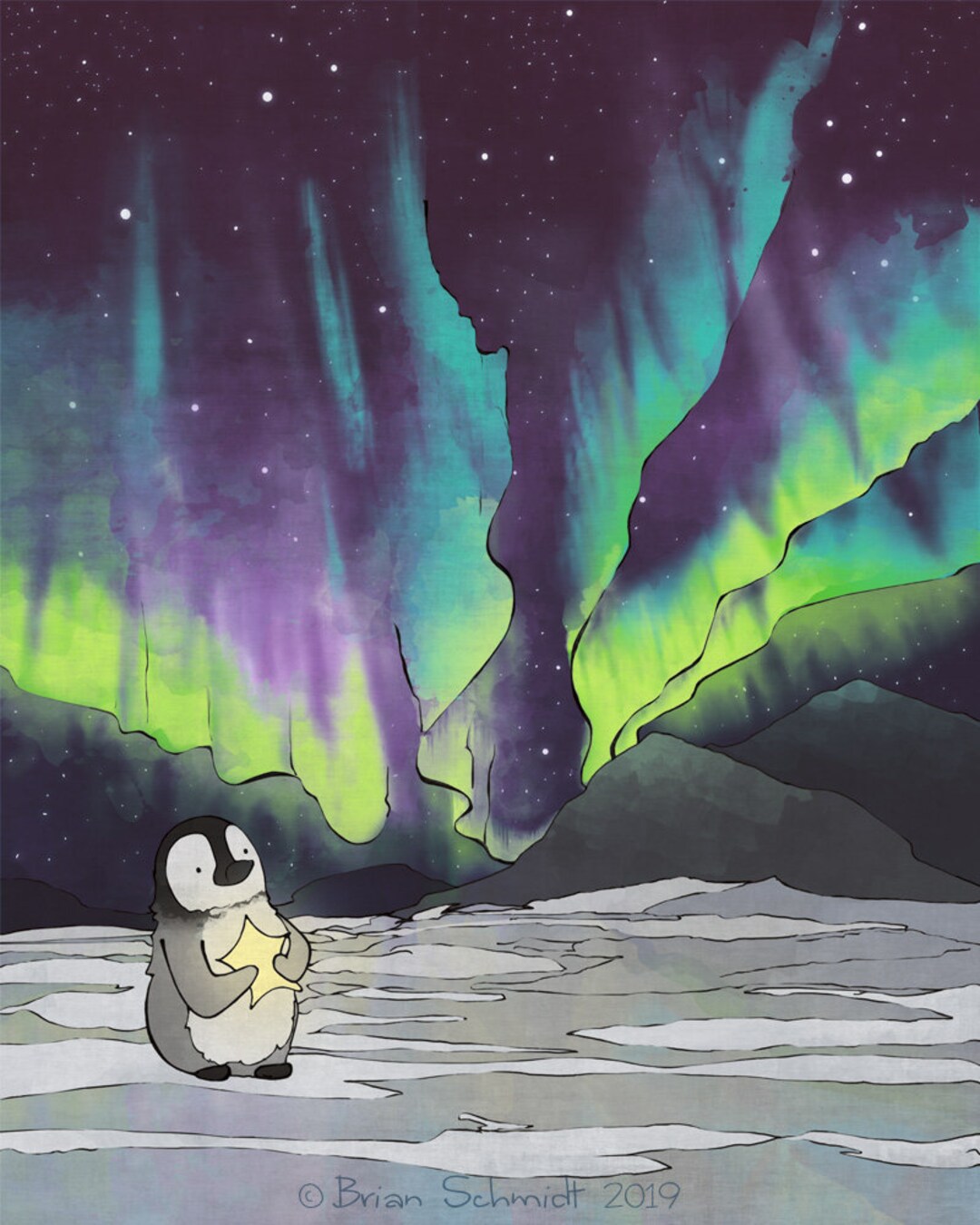 Penguin and Northern Lights Art Print - Etsy