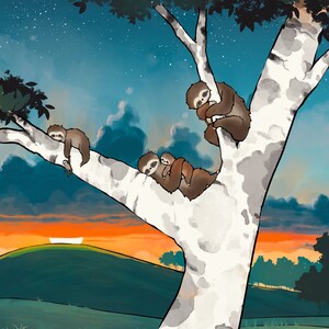 Sloth Art Print Family of Sloths Illustration, Animal and Birch Tree ...