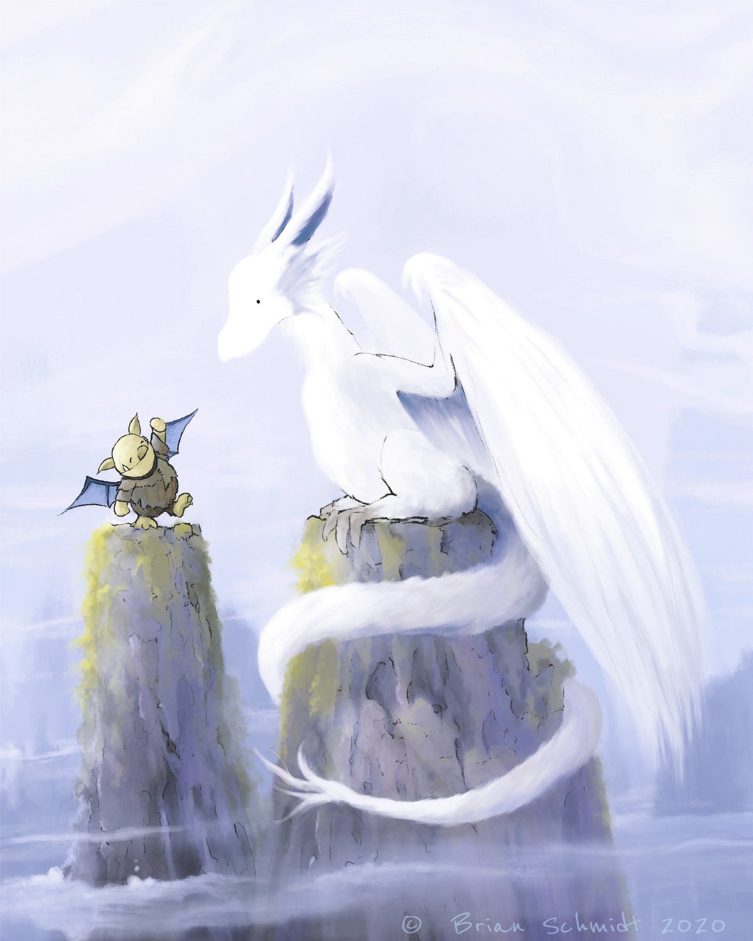 Dragon Art Print Feathery Dragon and Troll Celebrating in the Mountain ...