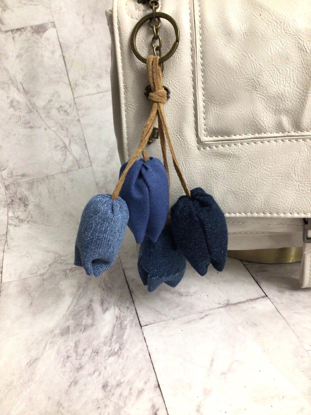 Tulip Denim Handbag Charms, Upcycled Denim Blue Shades, Purse Charms Handmade With Denim in a ...