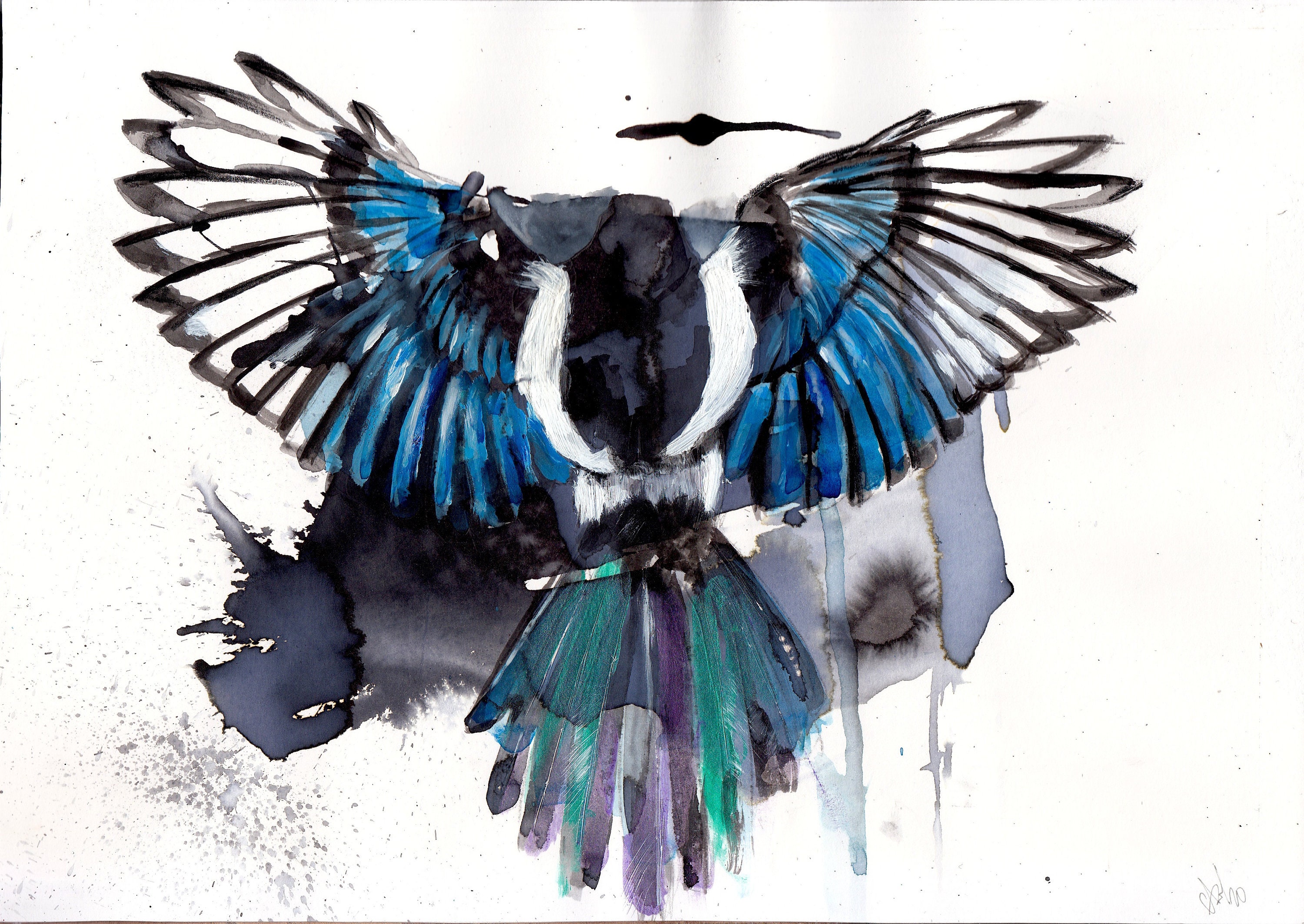 Watercolor Art & Collectibles Yellow-billed magpie 1 Small artwork of a ...