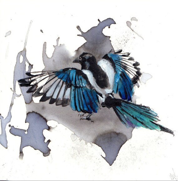 Watercolor Art & Collectibles Yellow-billed magpie 1 Small artwork of a ...