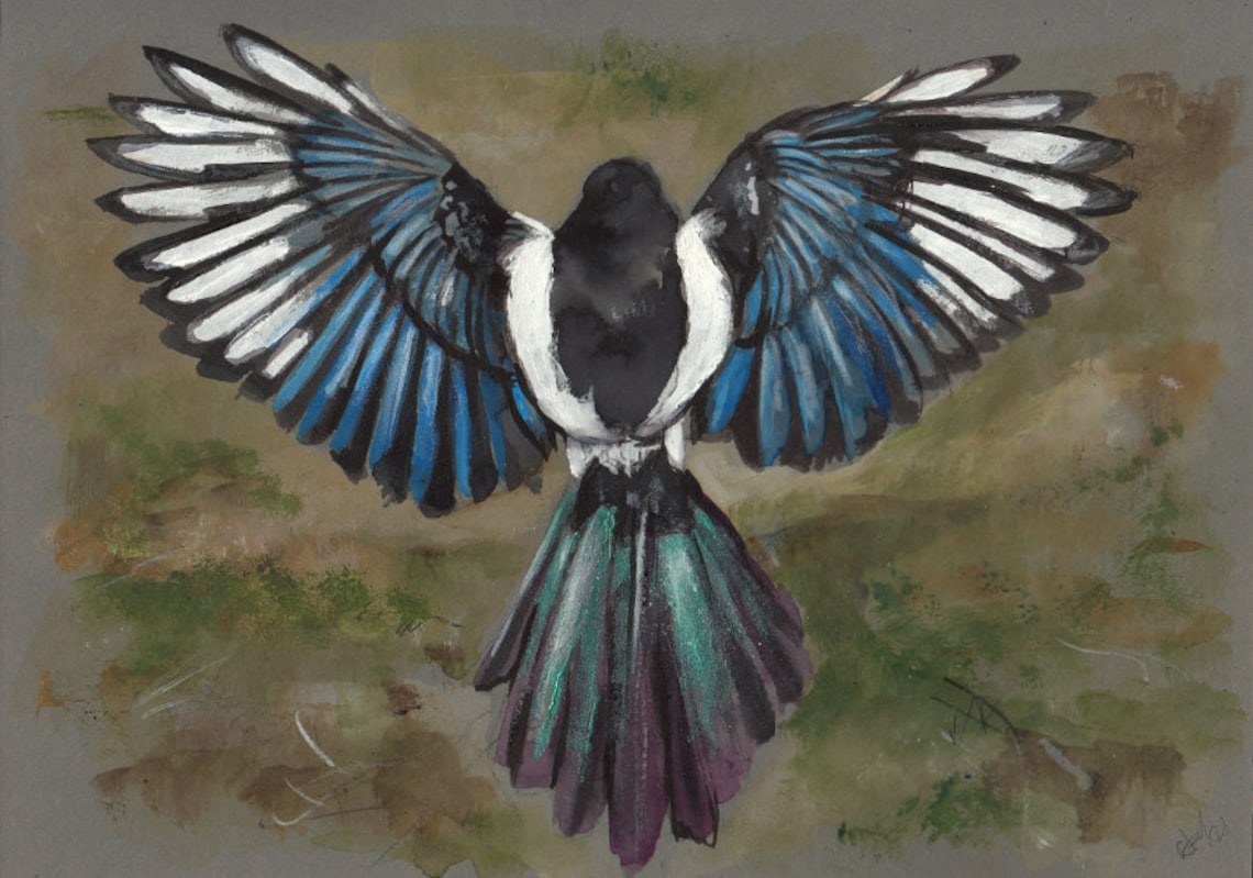 Magpie On Grey 5. Hand-painted magpie artwork on A5 size | Etsy