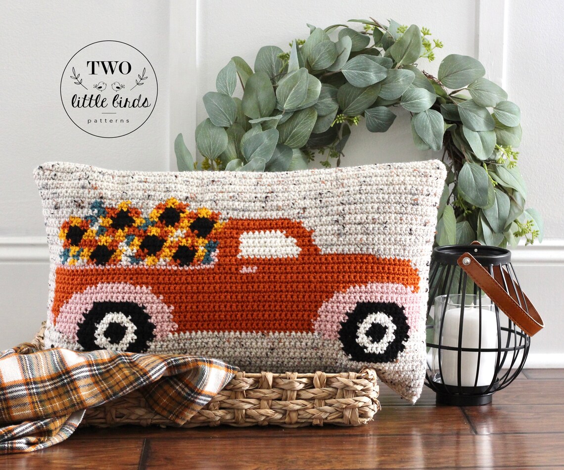 Fall Crochet Pillow Pattern, Crochet Sunflower Pillow, Crochet Truck ...
