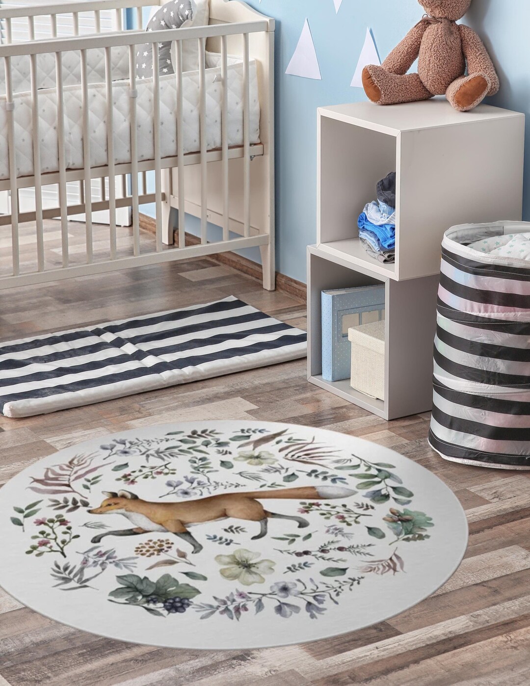 Nursery Fox Rug, Botanical Nursery Rug, Floral Kid Room Rug, Fox Area ...