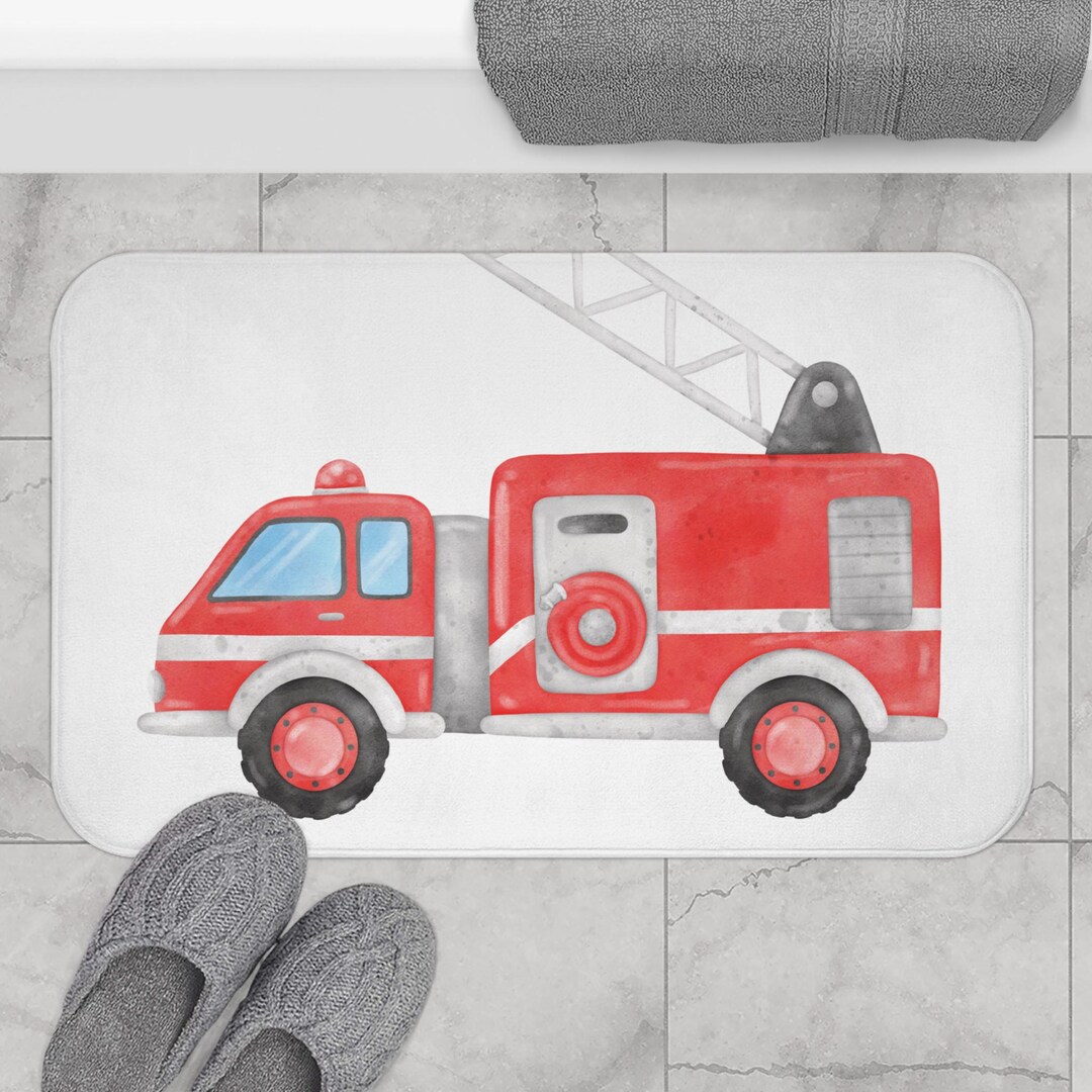 Bath Mats for Kids, Fire Truck Bathroom Floor Mat, Red Truck Boys Bath ...