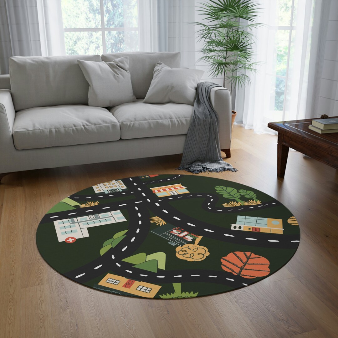 Dark Green City Roads Neighborhood Illustration Print Round Area Rug ...