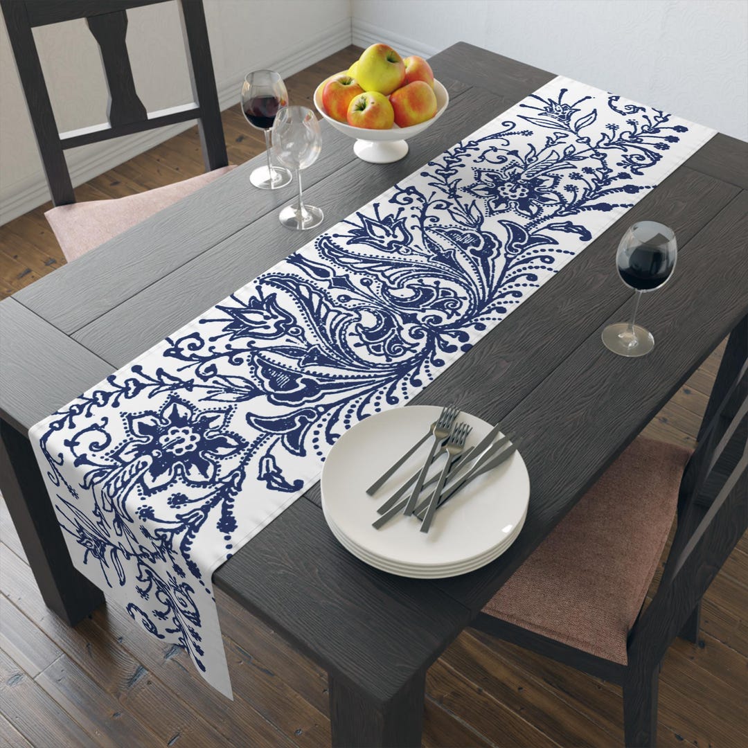 Victorian Blue Toile Table Runner, Floral Tablecloth - Etsy