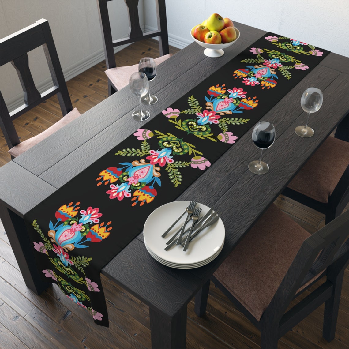 Flowers Table Runner, Mexican Inspired Table Runner, Cotton Black Table ...