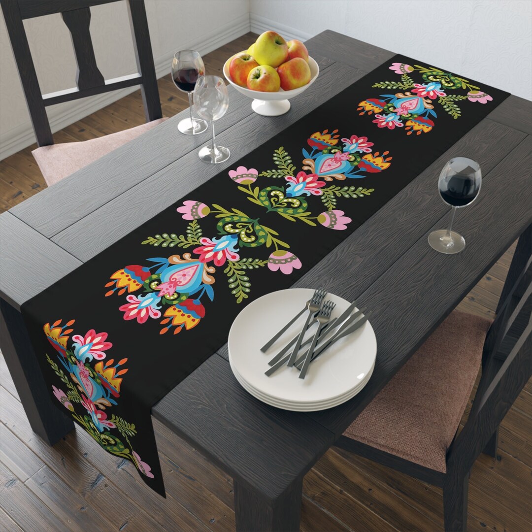 Flowers Table Runner, Mexican Inspired Table Runner, Cotton Black Table ...