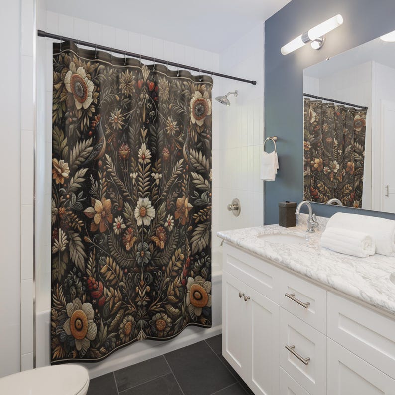 Shower Curtain Black Botanical Gothic | Cottagecore Bathroom Drapery ...