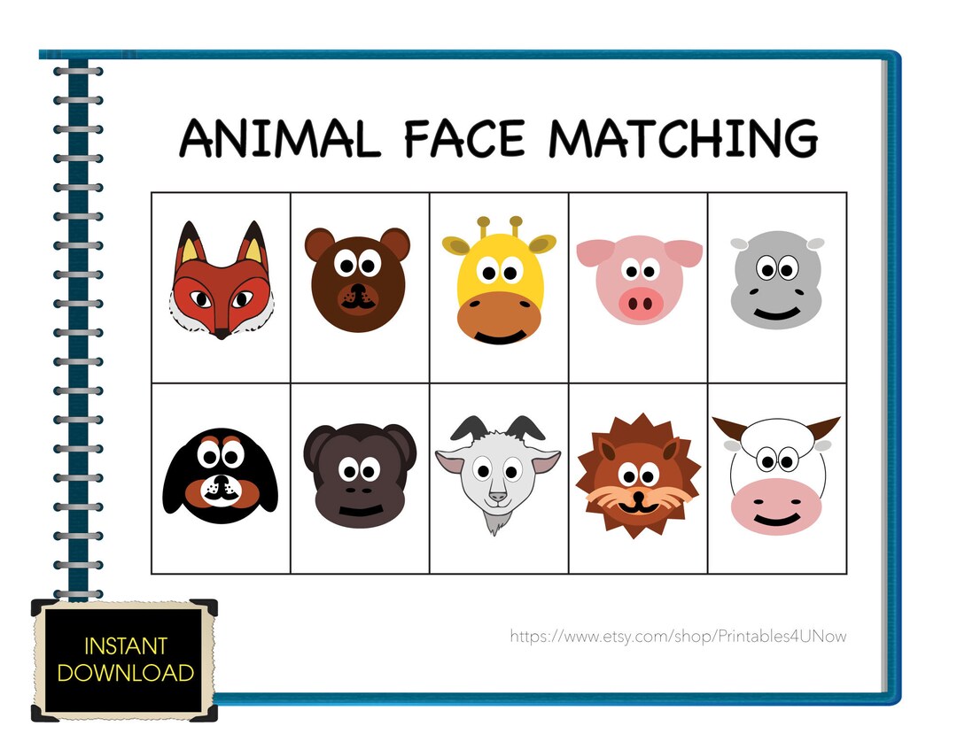 ANIMAL Face MATCHING, Toddler INSTANT Download, Homeschool Learning ...