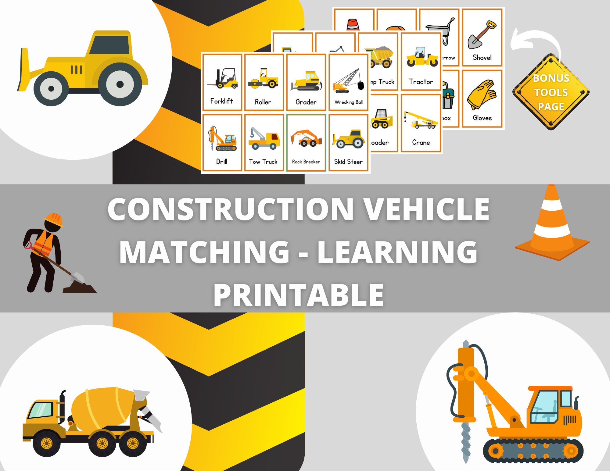 Construction Truck Printable, MATCHING, MEMORY, Instant Download ...