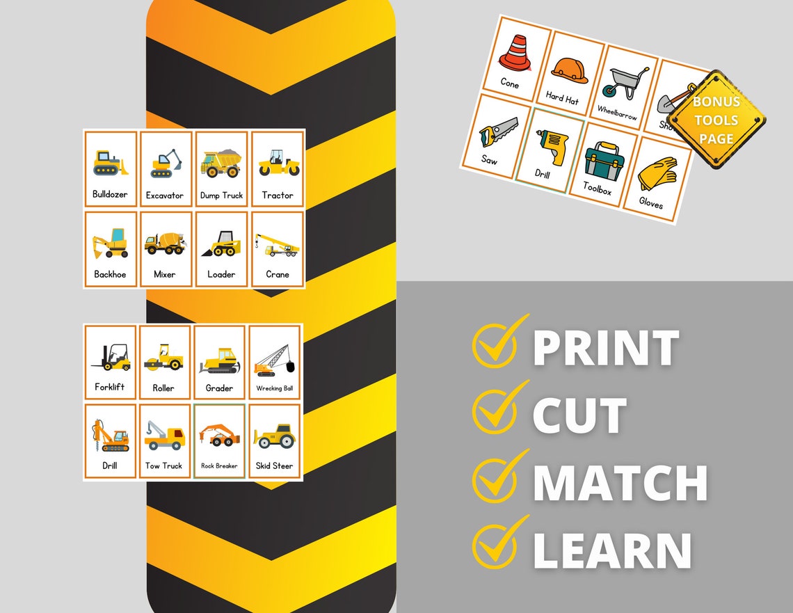 Construction Truck Printable, MATCHING, MEMORY, Instant Download ...
