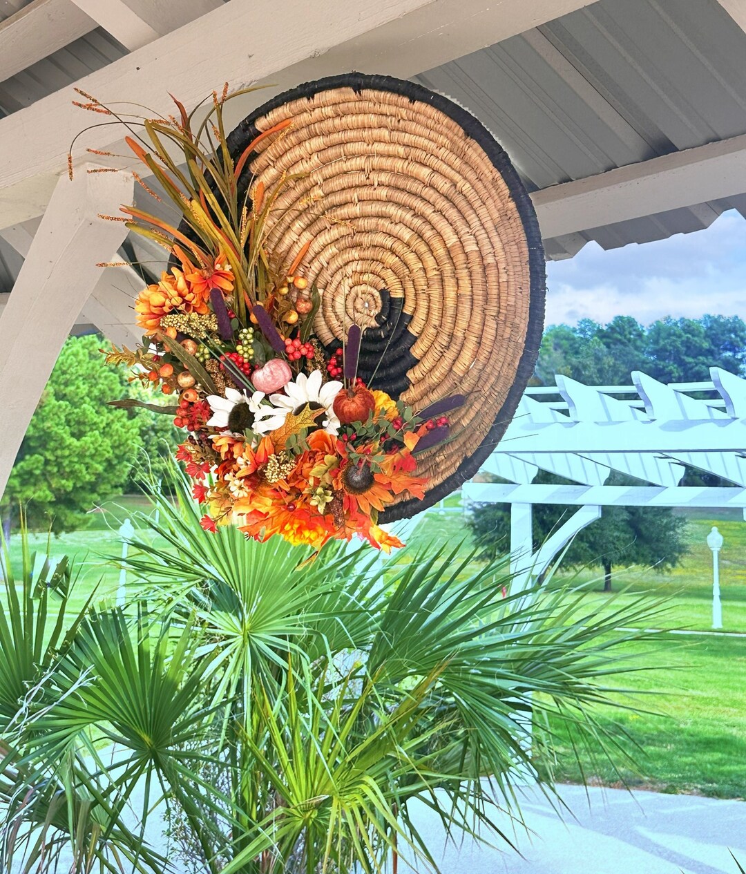 Basket Wreath Front Door, Huge Tobacco Basket Wreath, Boho Basket ...