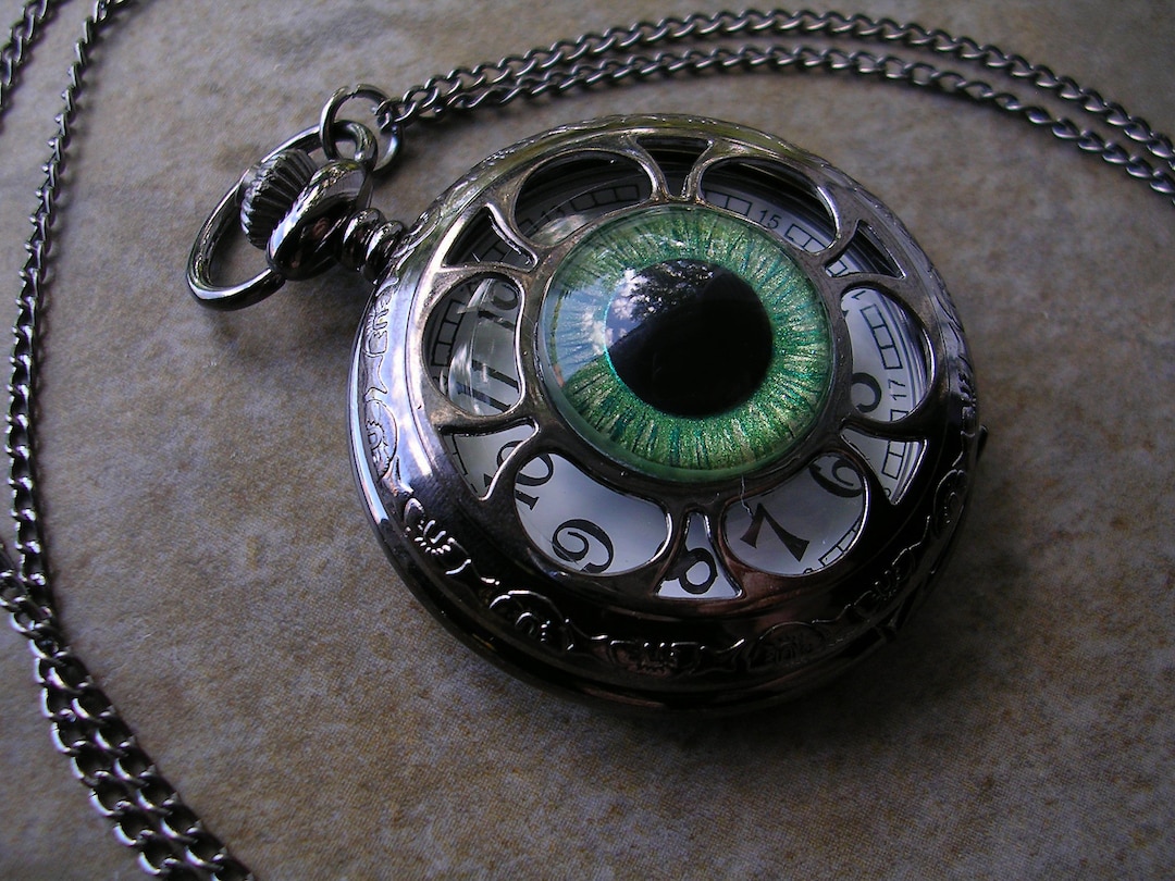 Pocket Watch - Black Gunmetal - Green Peridot Fire Orange Grass Dragon ...