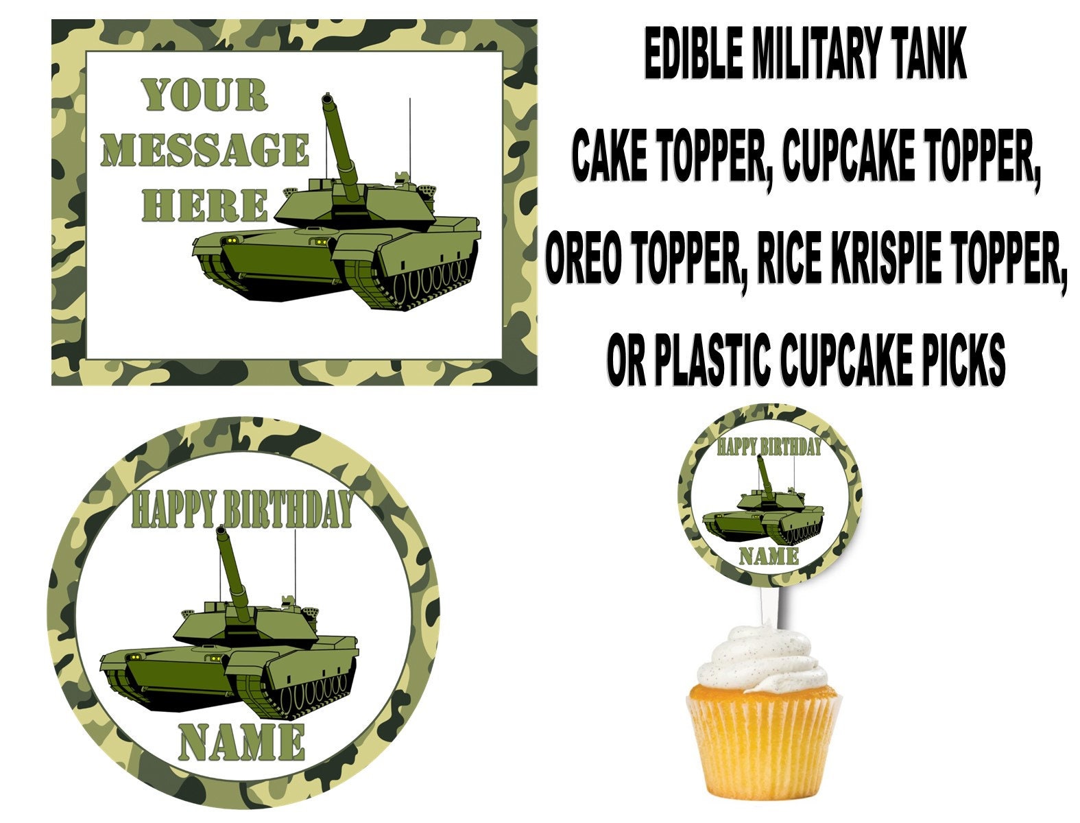 Topper de pastel de tanque militar comestible, topper cupcake, topper ...
