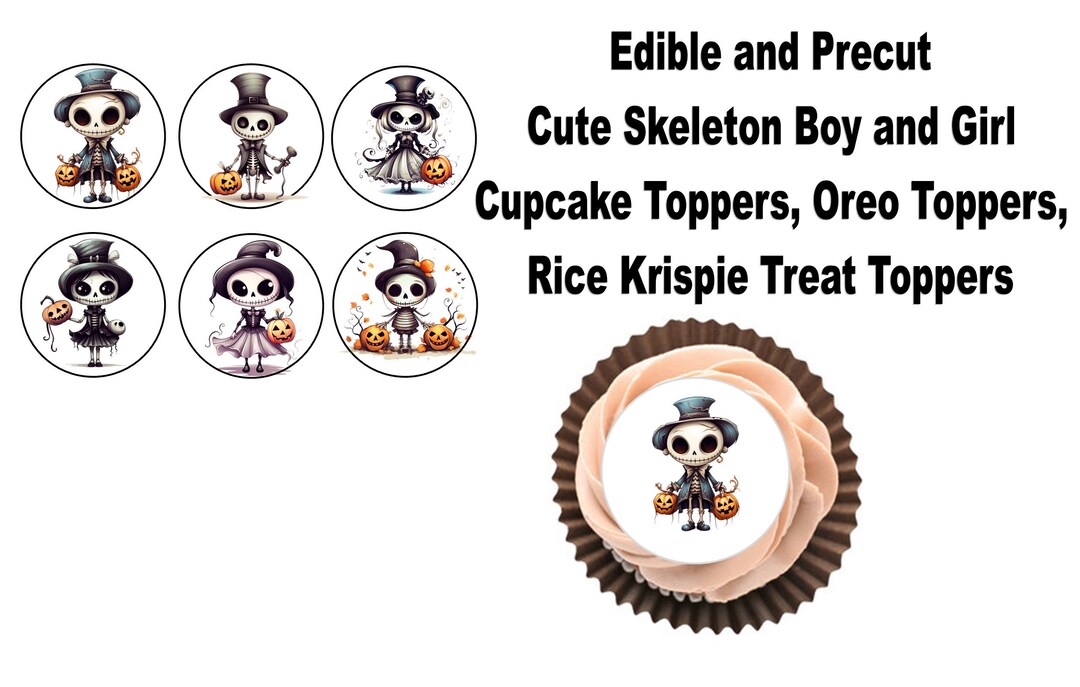 Edible and Pre Cut Cute Skeleton Boy and Girl Cupcake Toppers, Rice ...