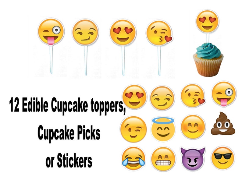 Edible Emoji Cupcake/cookie Toppers, Plastic Cupcake Picks, Gift Bag ...