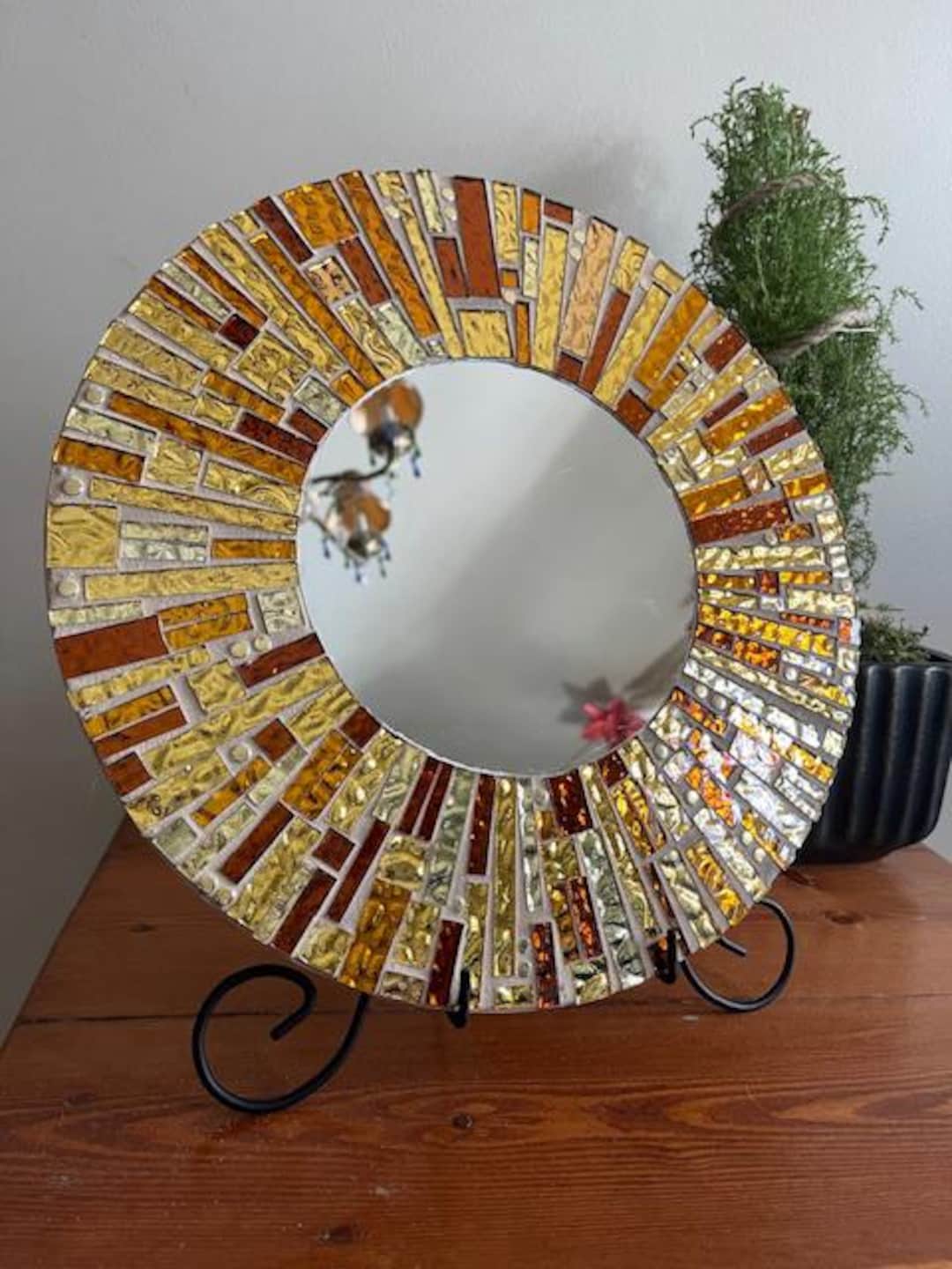 Decorative Round Mosaic Glass Mirror; Amber, Copper, and Gold Mirrored ...