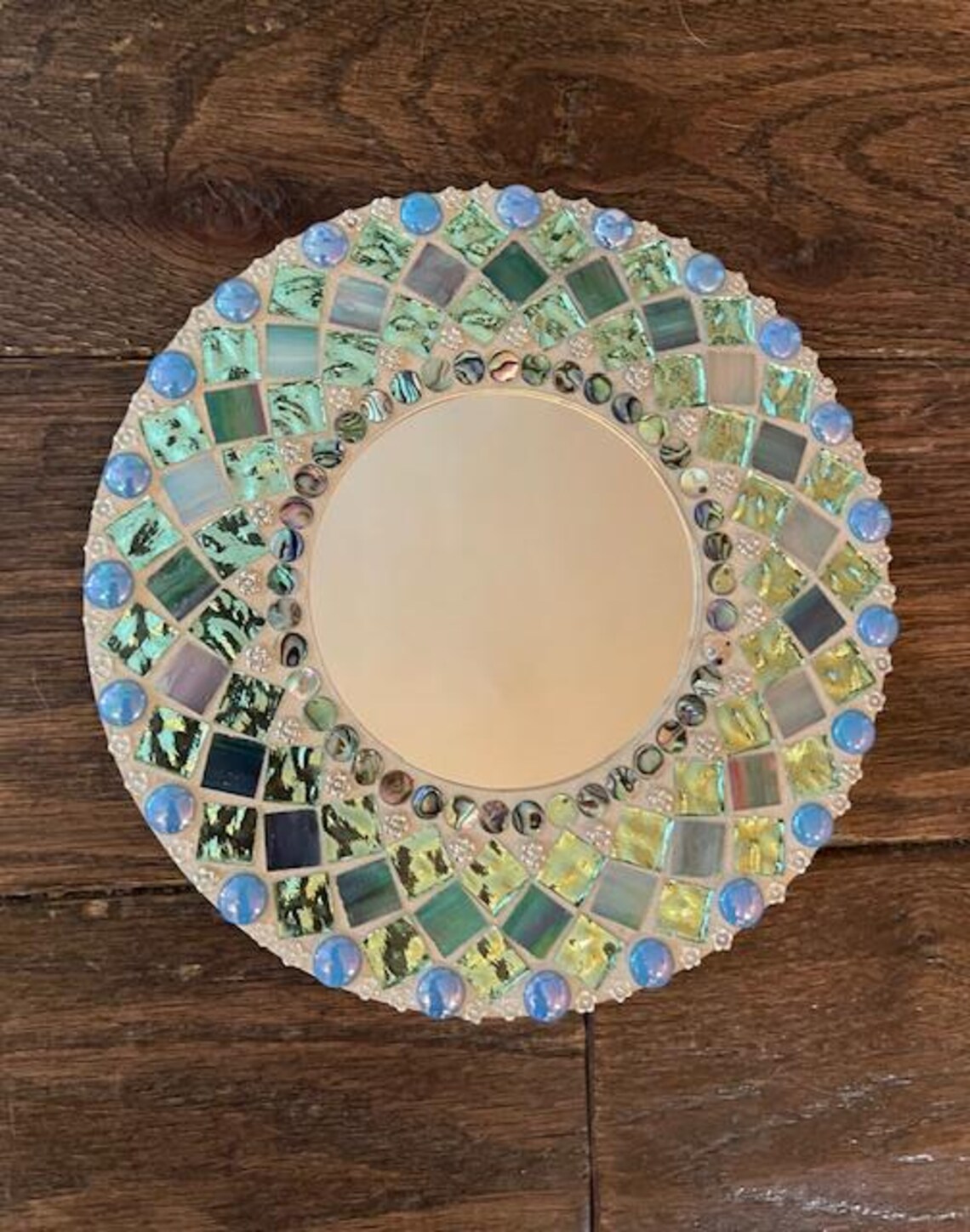 Lovely 8" Mosaic Mirror; Pastel Green Mirrored Glass, Blue-green ...