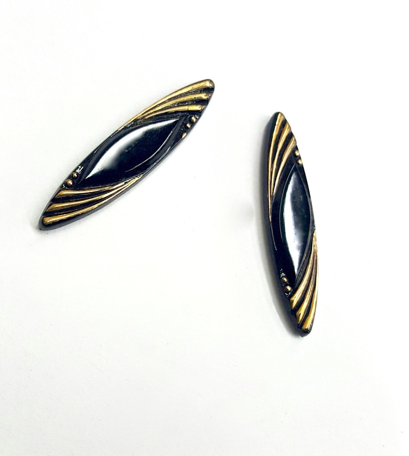 2 Pieces Jet Black Glass Stones with Gold Embellishment | Etsy