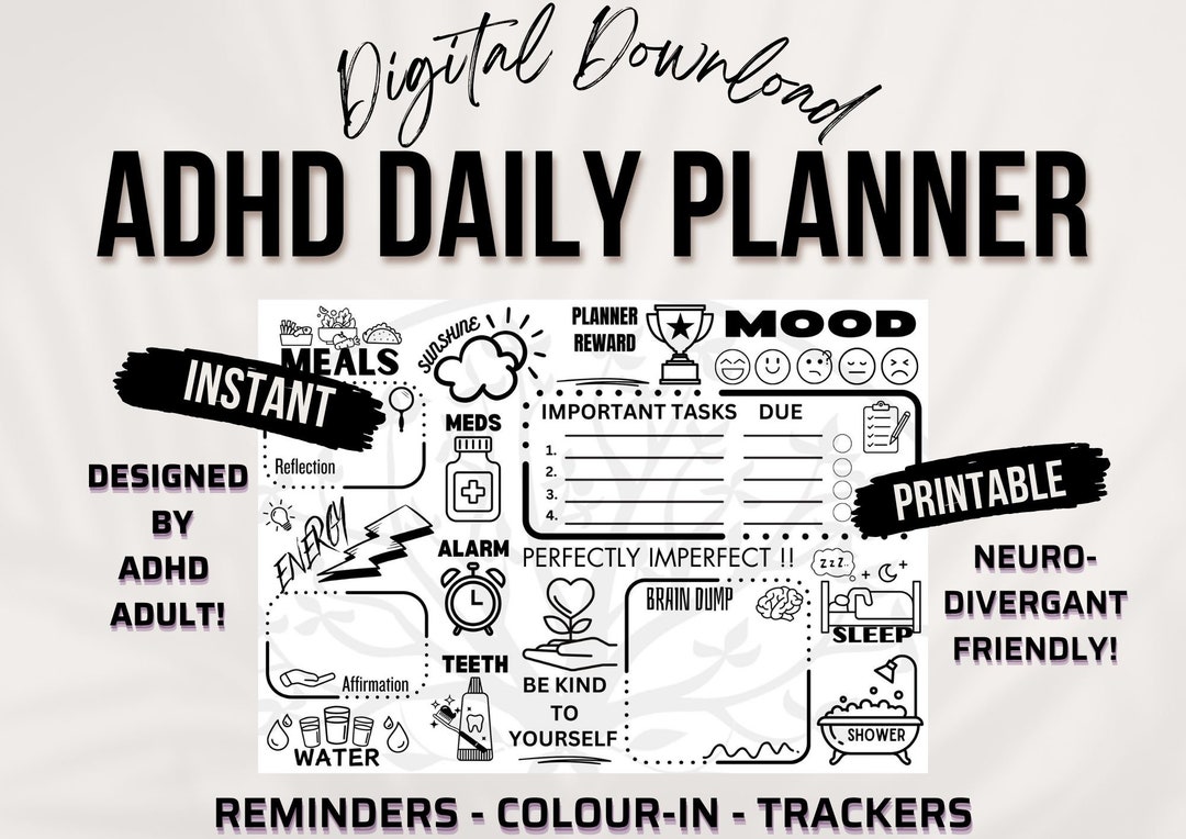ADHD DAILY PLANNER, Digital Download, Printable File, Black & White ...