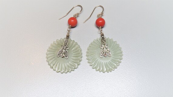 Vintage Chinese Celedon Nephrite Jade Red Coral Earri… - Gem