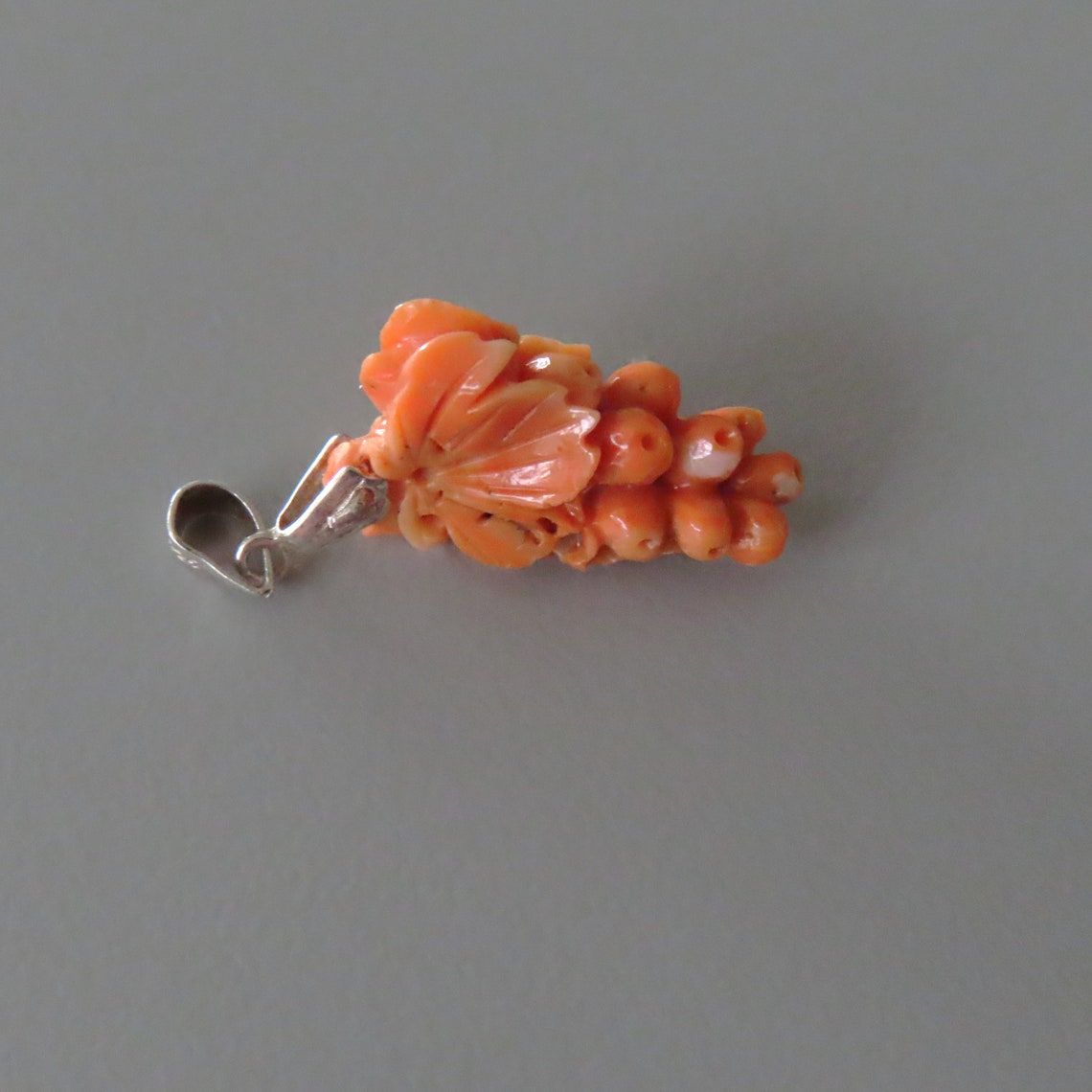 Vintage Hand Carved Salmon Coral Bunch of Grapes Pendant Sterling ...