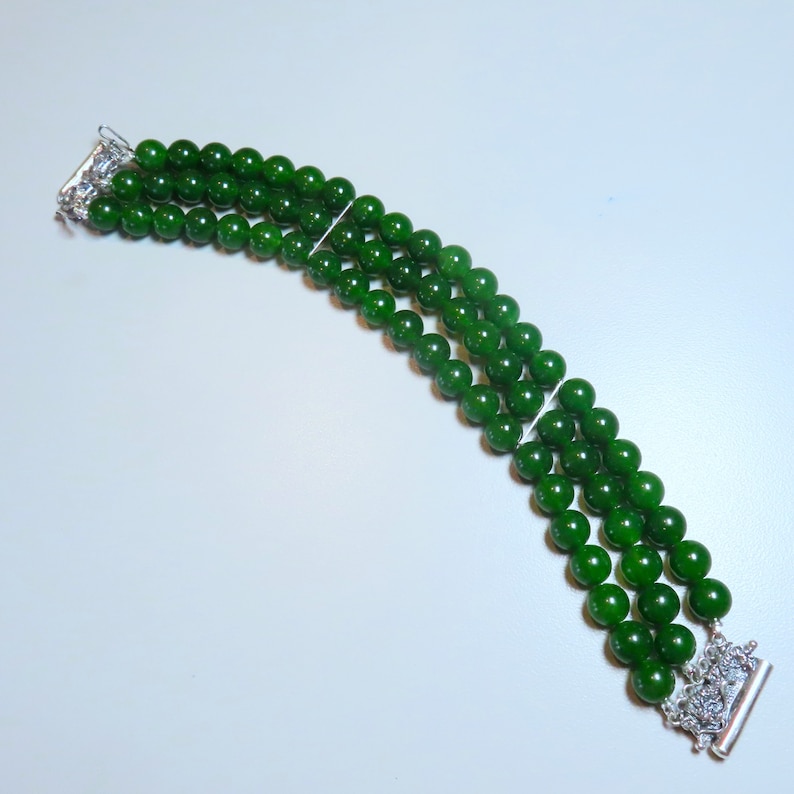 Genuine Green Nephrite Jade Multi Three Strand Bracelet Oxidized ...