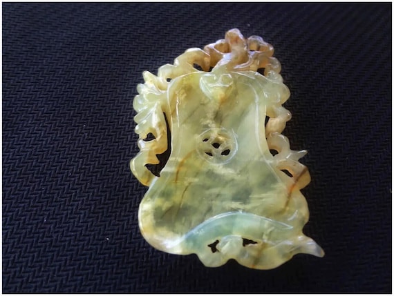 Vintage Chinese Hand Carved Fan Design Jade Pendant A… - Gem