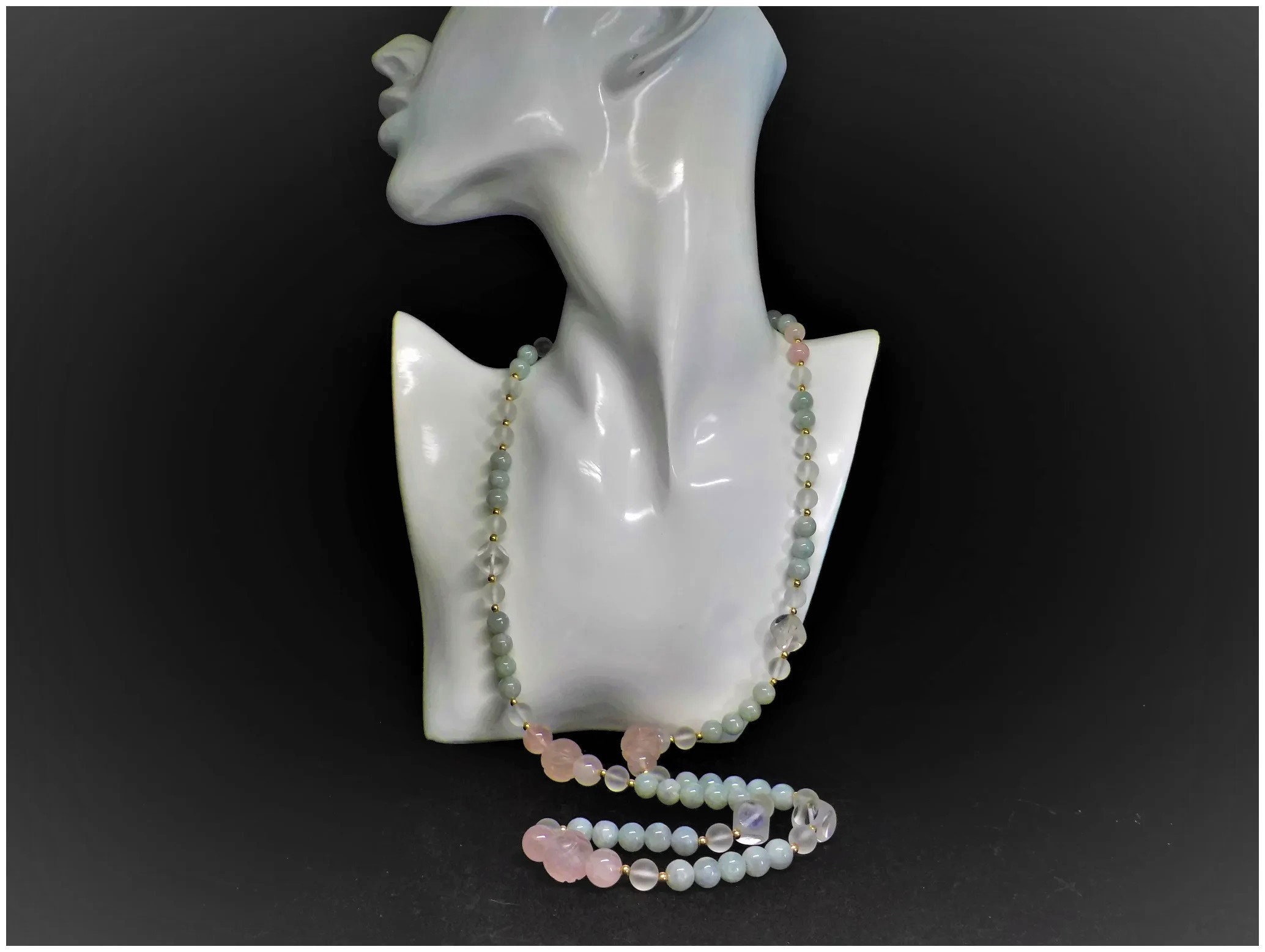14k Green Jadeite Jade Rock Crystal Quartz Rose Quartz 33" Necklace - Etsy