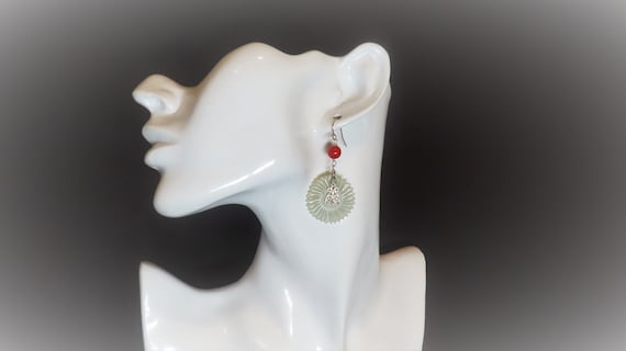 Vintage Chinese Celedon Nephrite Jade Red Coral Earri… - Gem