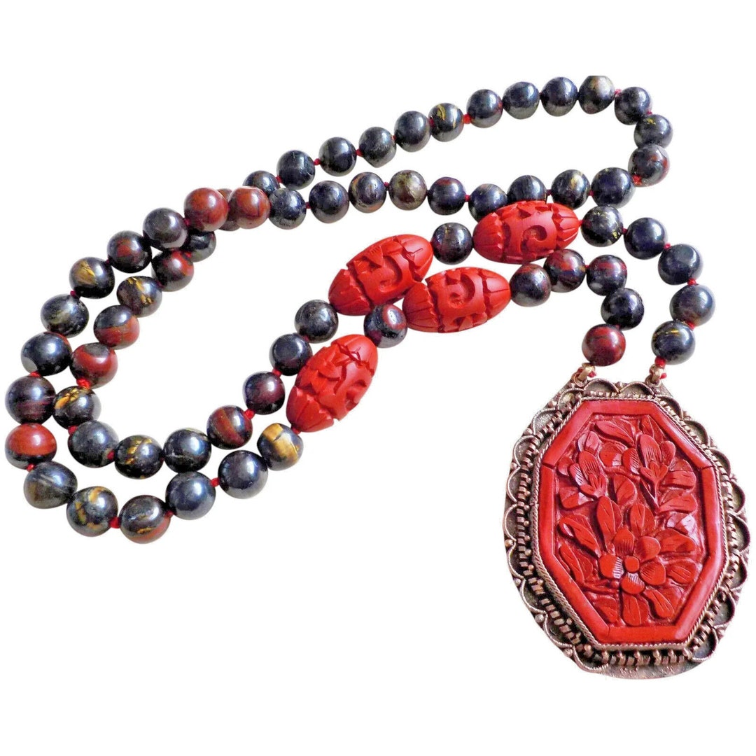 Vintage Chinese Export Red Cinnabar Jasper Pendant Necklace - Etsy