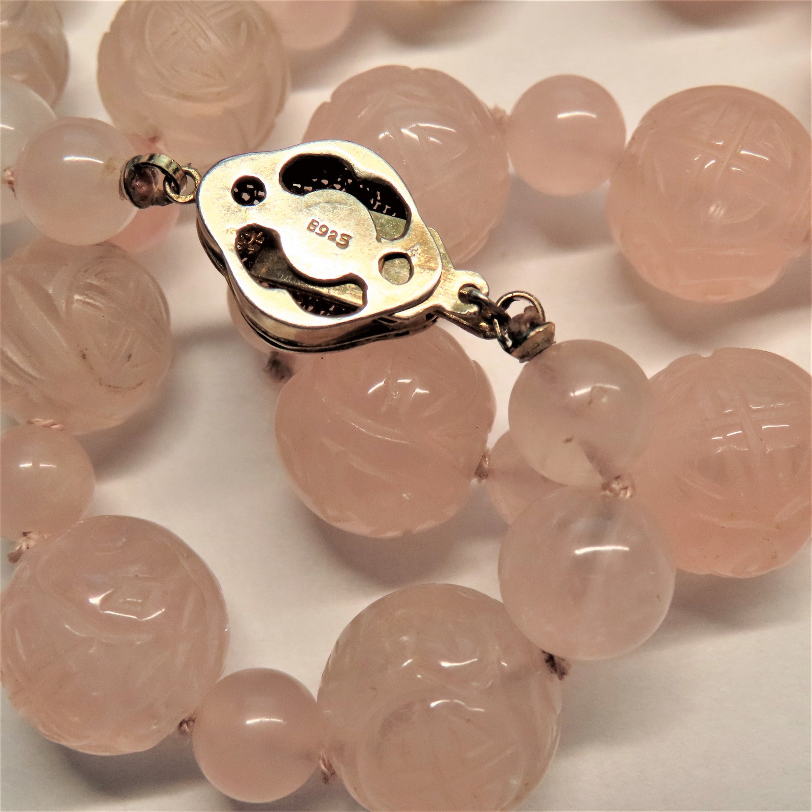 Vintage Chinese Hand Carved Shou Design Rose Quartz Beaded Choker ...