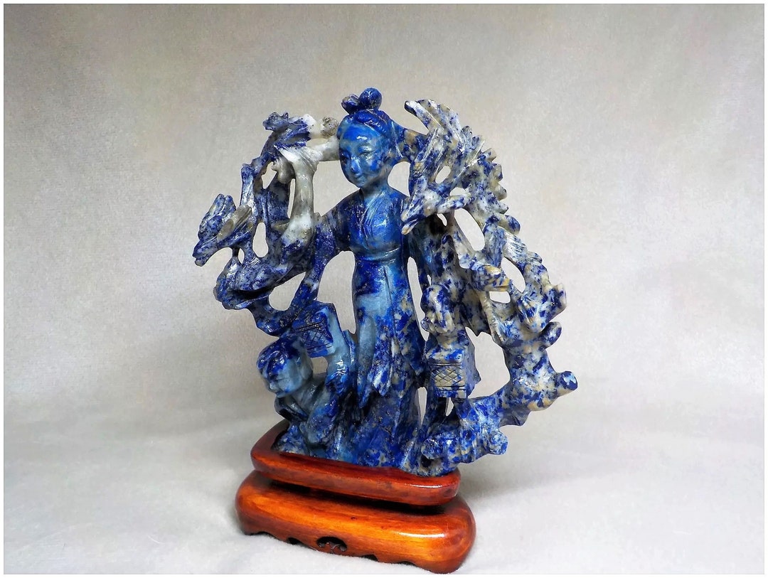 Vintage Chinese Carved Lapis Lazuli Lady With Child A Lantern and Three ...
