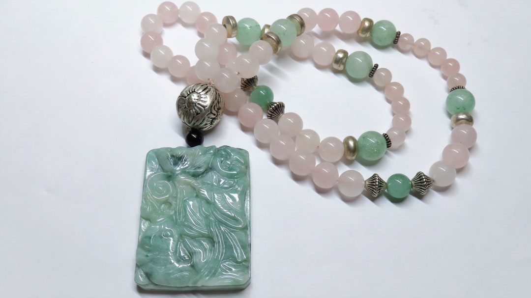 Vintage Chinese Green Jadeite Jade Poem Pendant Rose Quartz Aventurine ...