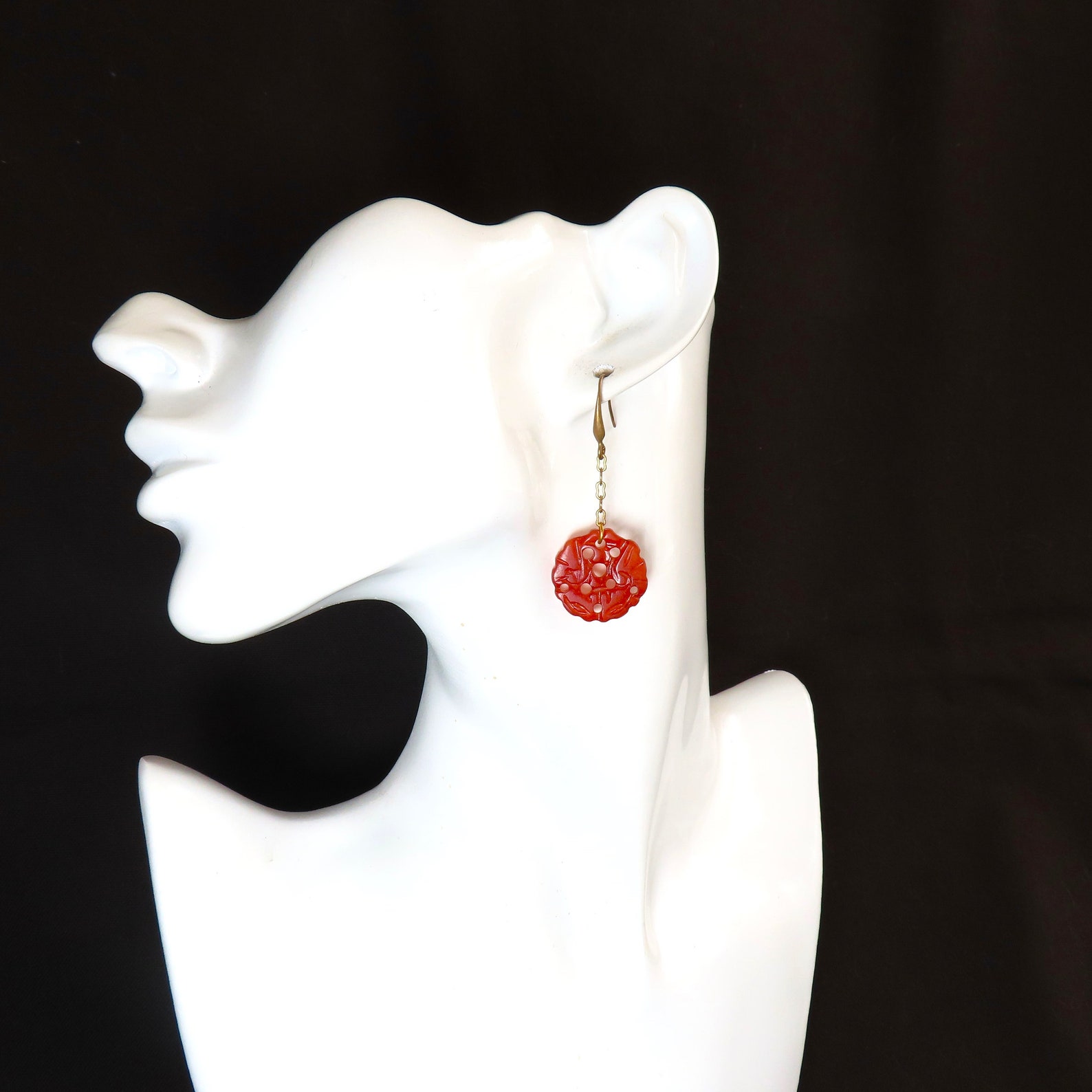 Vintage Chinese Hand Carved Pierced Red Jade Brass Hooks Dangle Drop ...