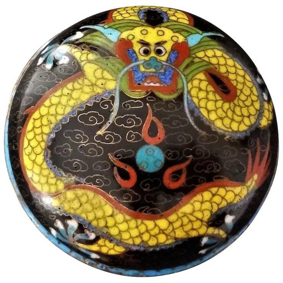 Antique 1900's Chinese Round Yellow Dragon With Five Claws Chasing the ...
