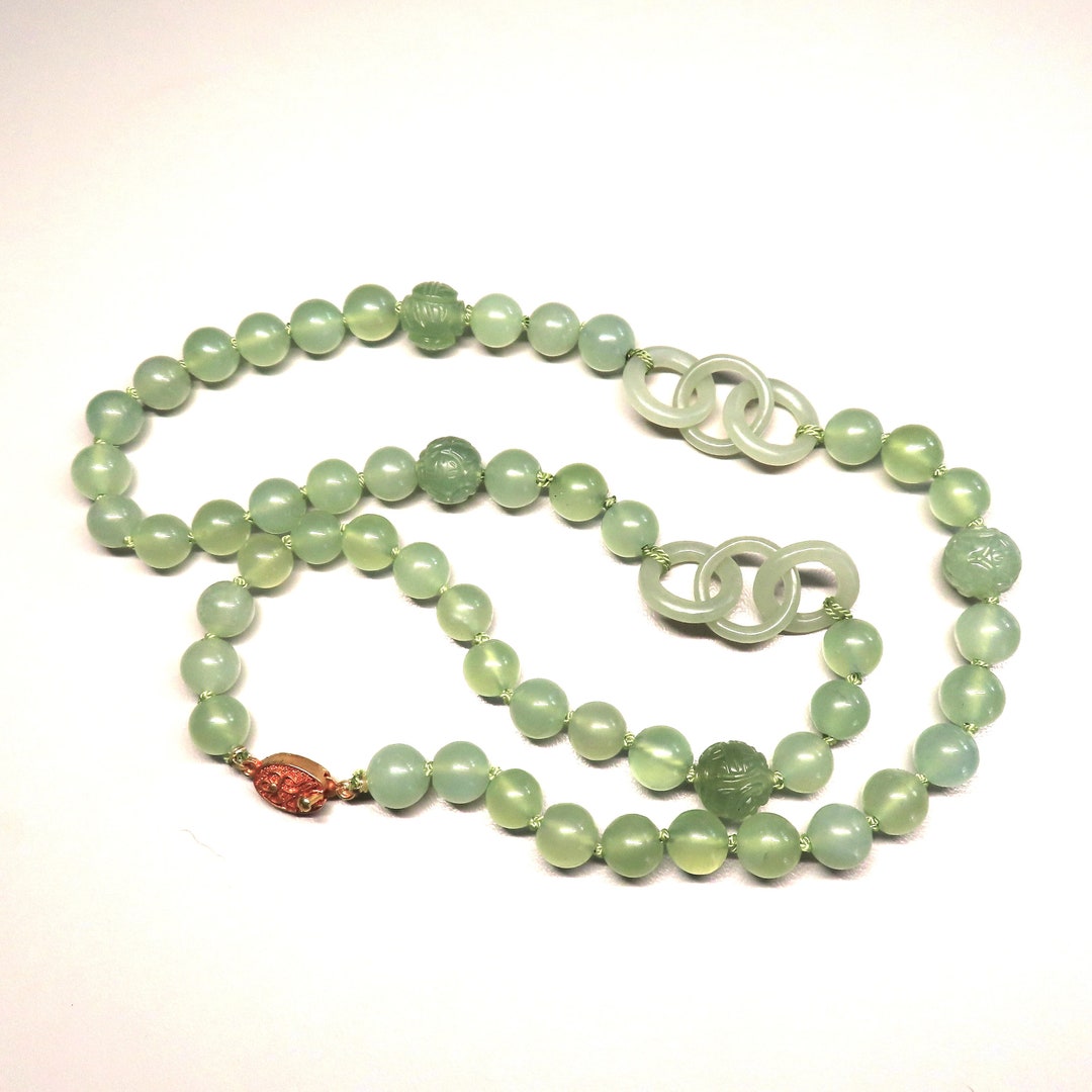 Vintage Chinese Green Translucent Jade Shou Devil's Work Necklace ...