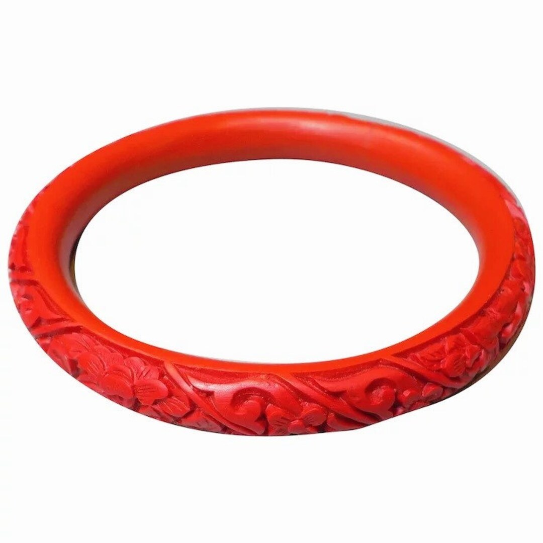 Vintage Chinese Export 1970's Hand Carved Red Cinnabar Bracelet Bangle ...