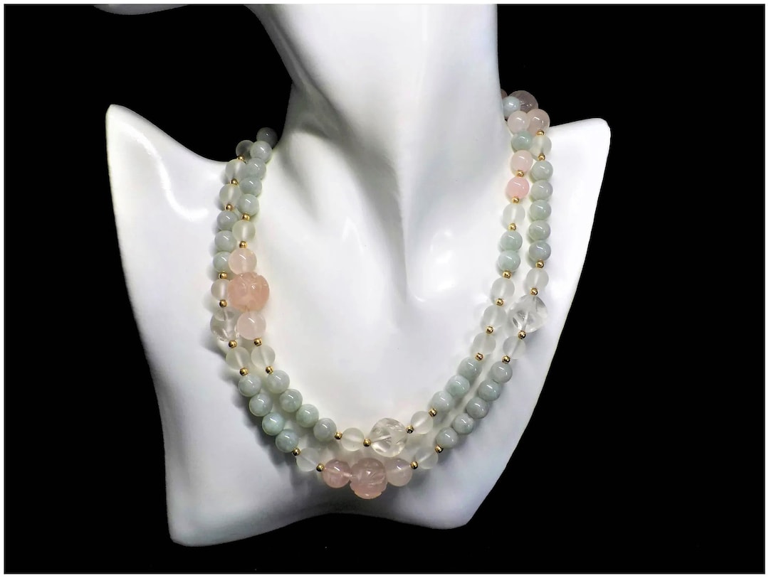 14k Green Jadeite Jade Rock Crystal Quartz Rose Quartz 33" Necklace - Etsy