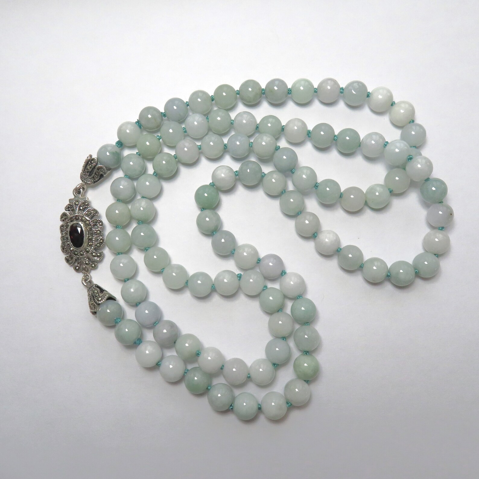 Vintage Translucent Jadeite Jade 35" Long Necklace Red Garnet Marcasite ...