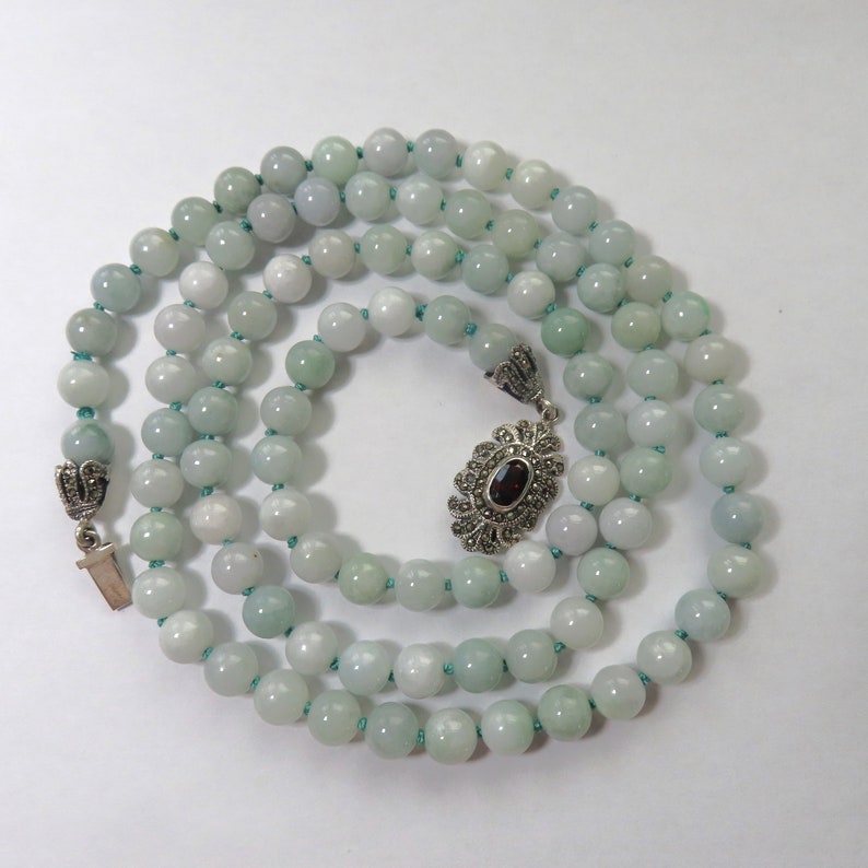 Vintage Translucent Jadeite Jade 35" Long Necklace Red Garnet Marcasite ...