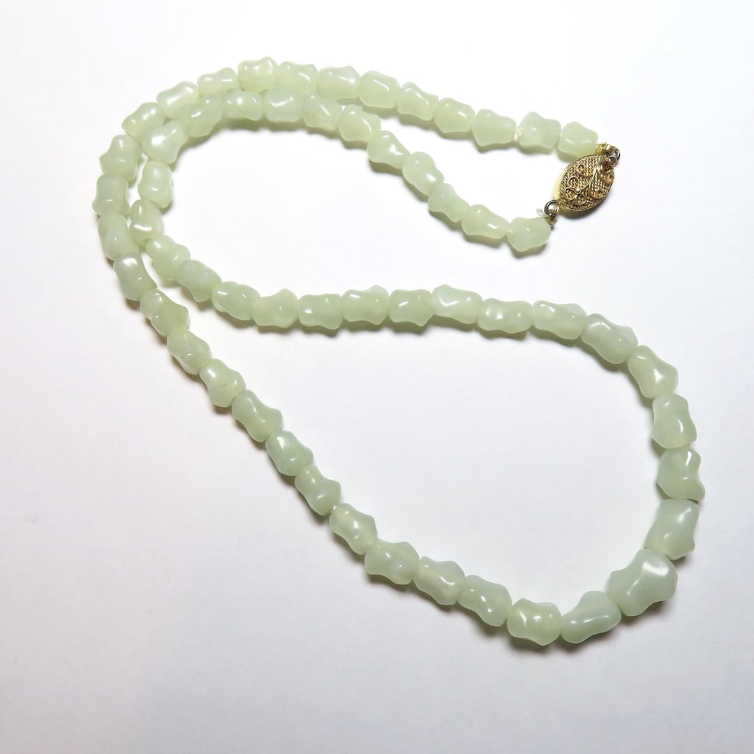 Art Deco Celadon Jade Necklace: Hand Carved Nugget Beads, Gold Vermeil ...