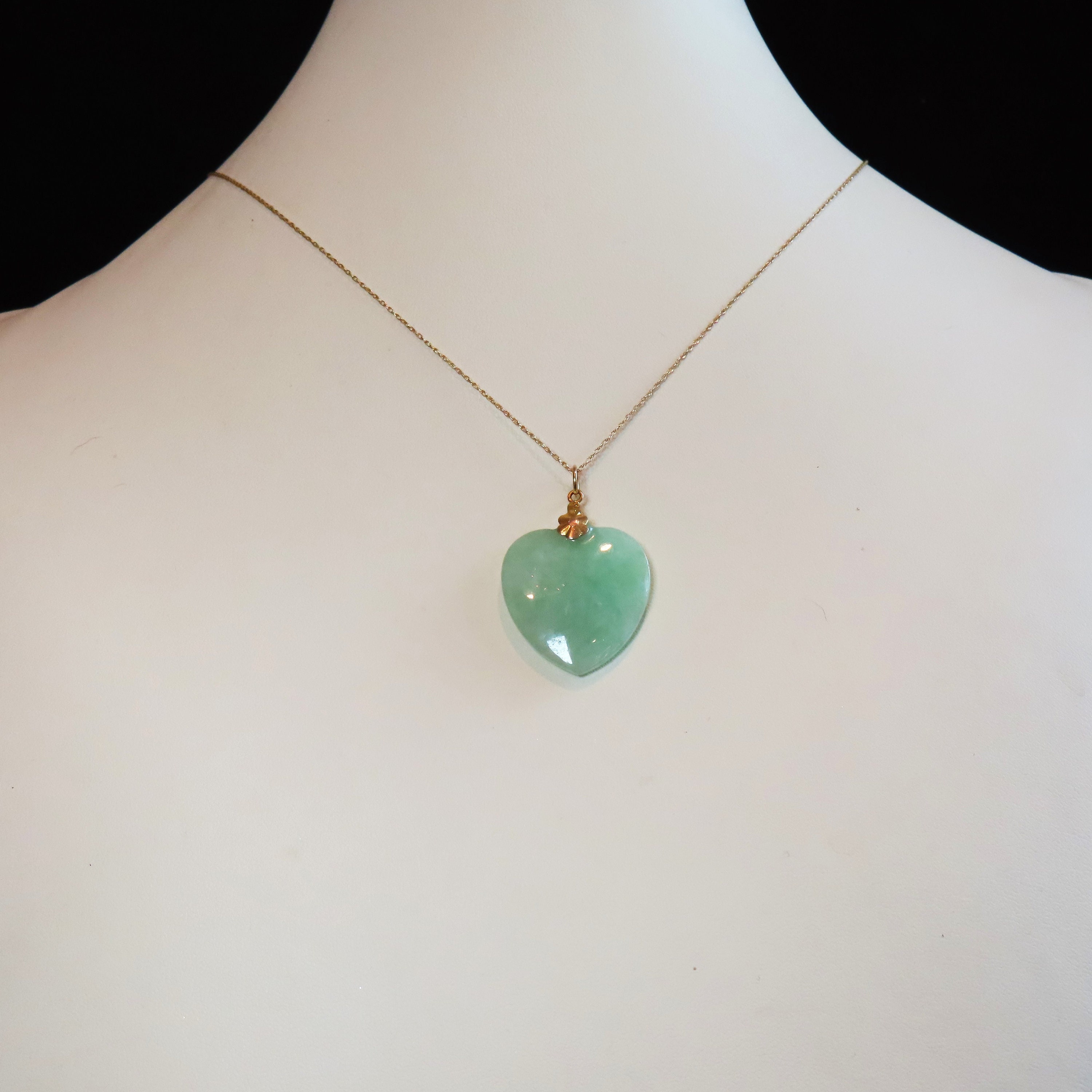 Vintage 14k Translucent Large Green Jadeite Jade Heart Pendant 18 Inch ...