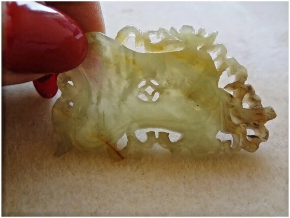 Vintage Chinese Hand Carved Fan Design Jade Pendant A… - Gem