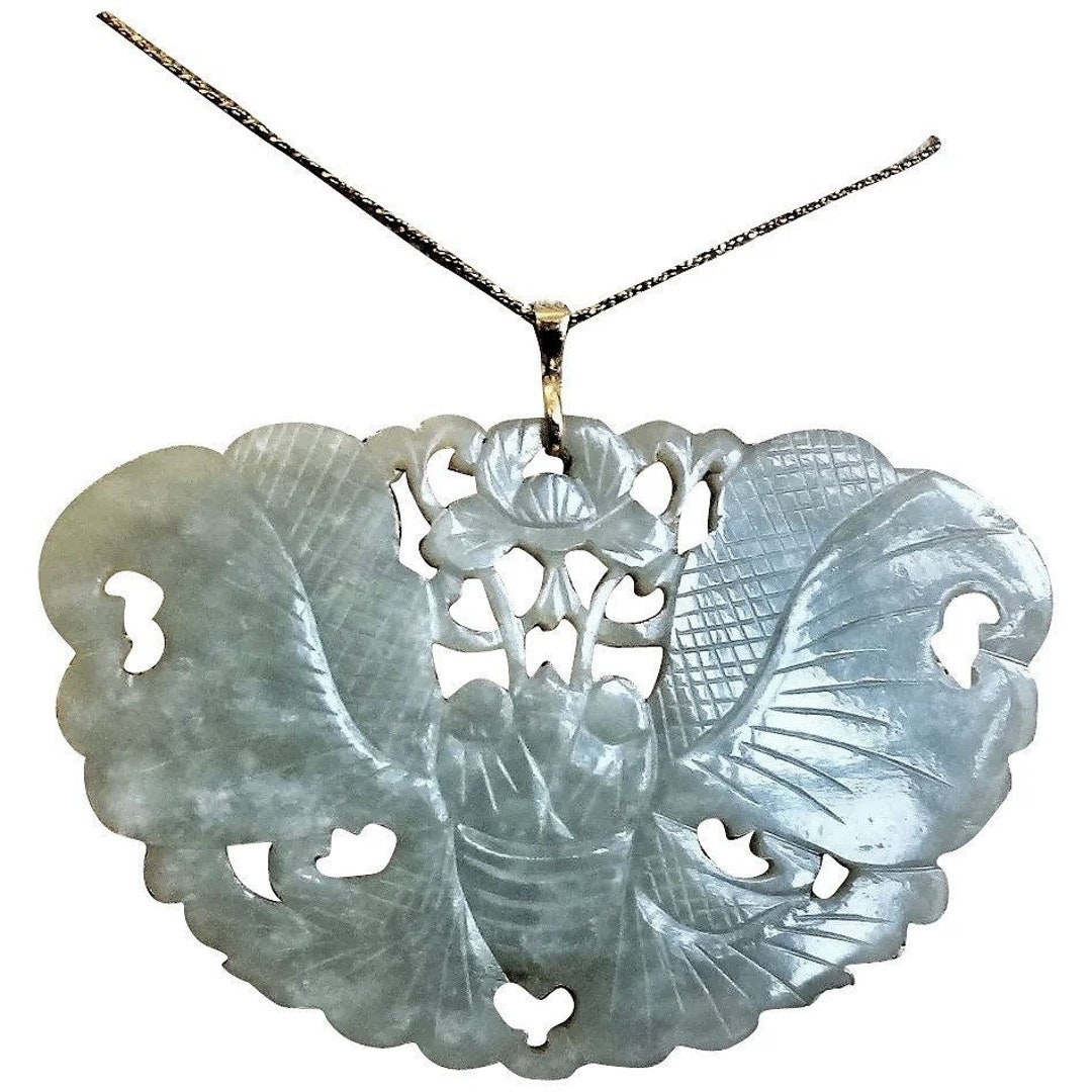 Chinese Carved Nephrite Jade Moth Pendant 3.75" Wide With 14k Gold Bail ...