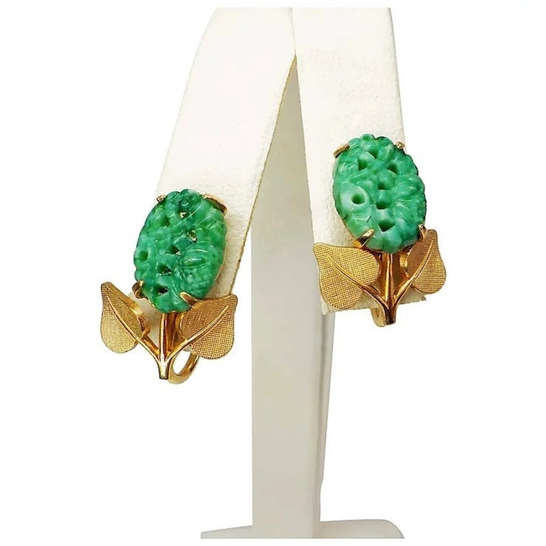 Vintage Van Dell Art Deco Style Carved Faux Green Jade Glass 12k Gold ...