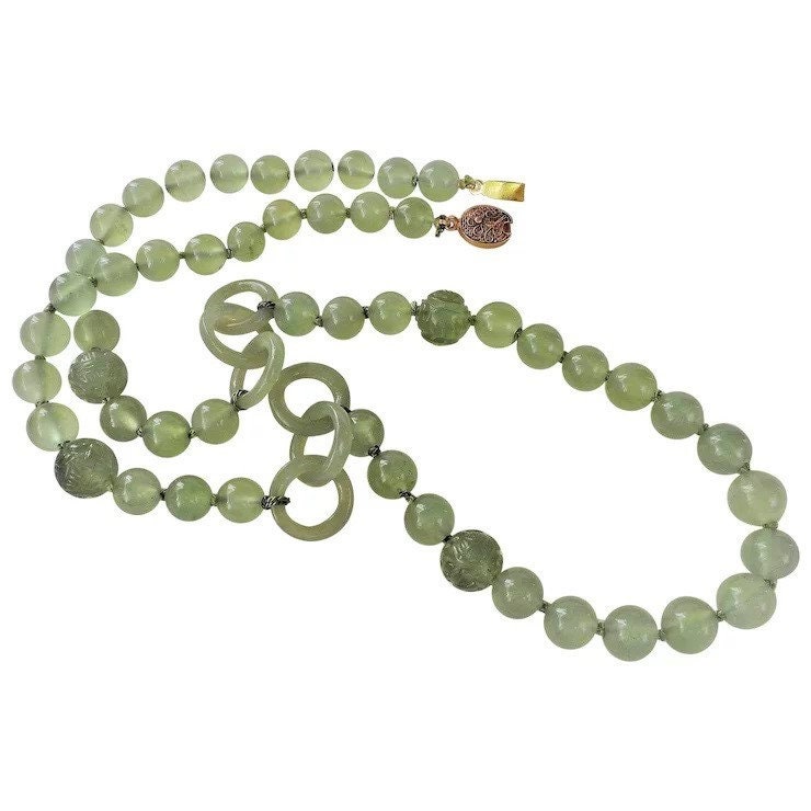 Vintage Chinese Green Translucent Jade Shou Devil's Work Necklace ...